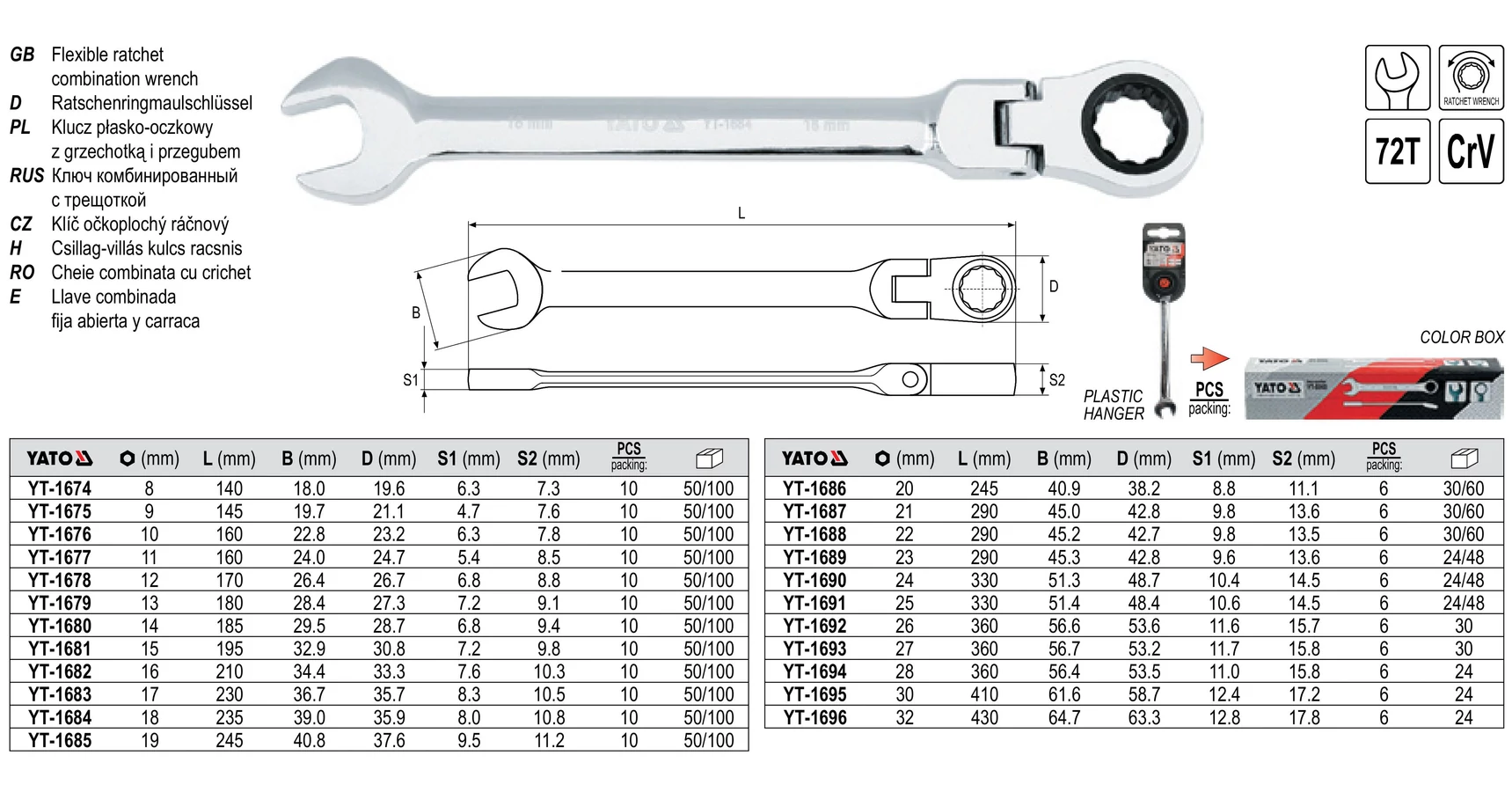Csillag-villás kulcs 24 mm csuklós racsnis CrV YATO - Csillag-villás ...
